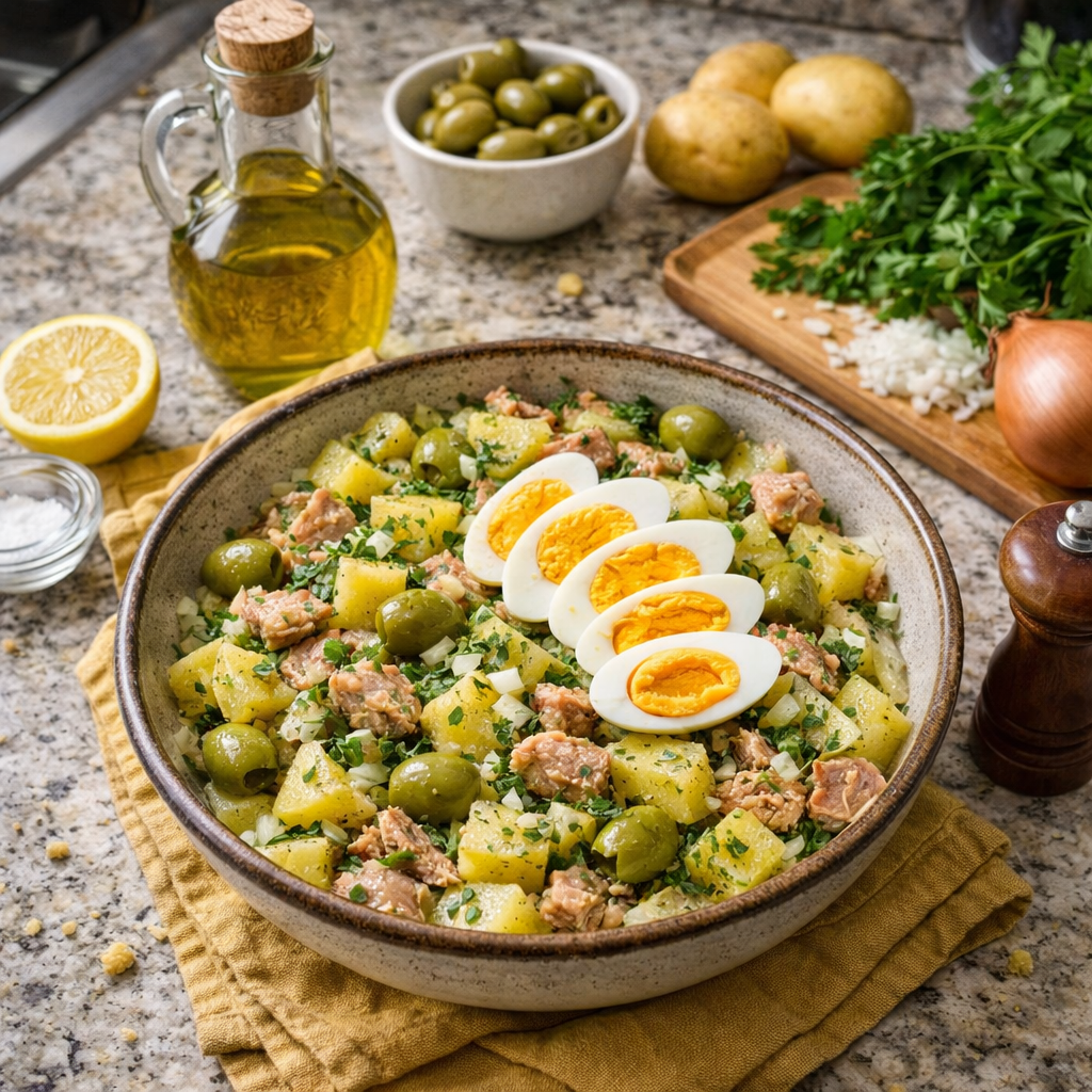 Salade de pommes de terre au thon et aux œufs frais